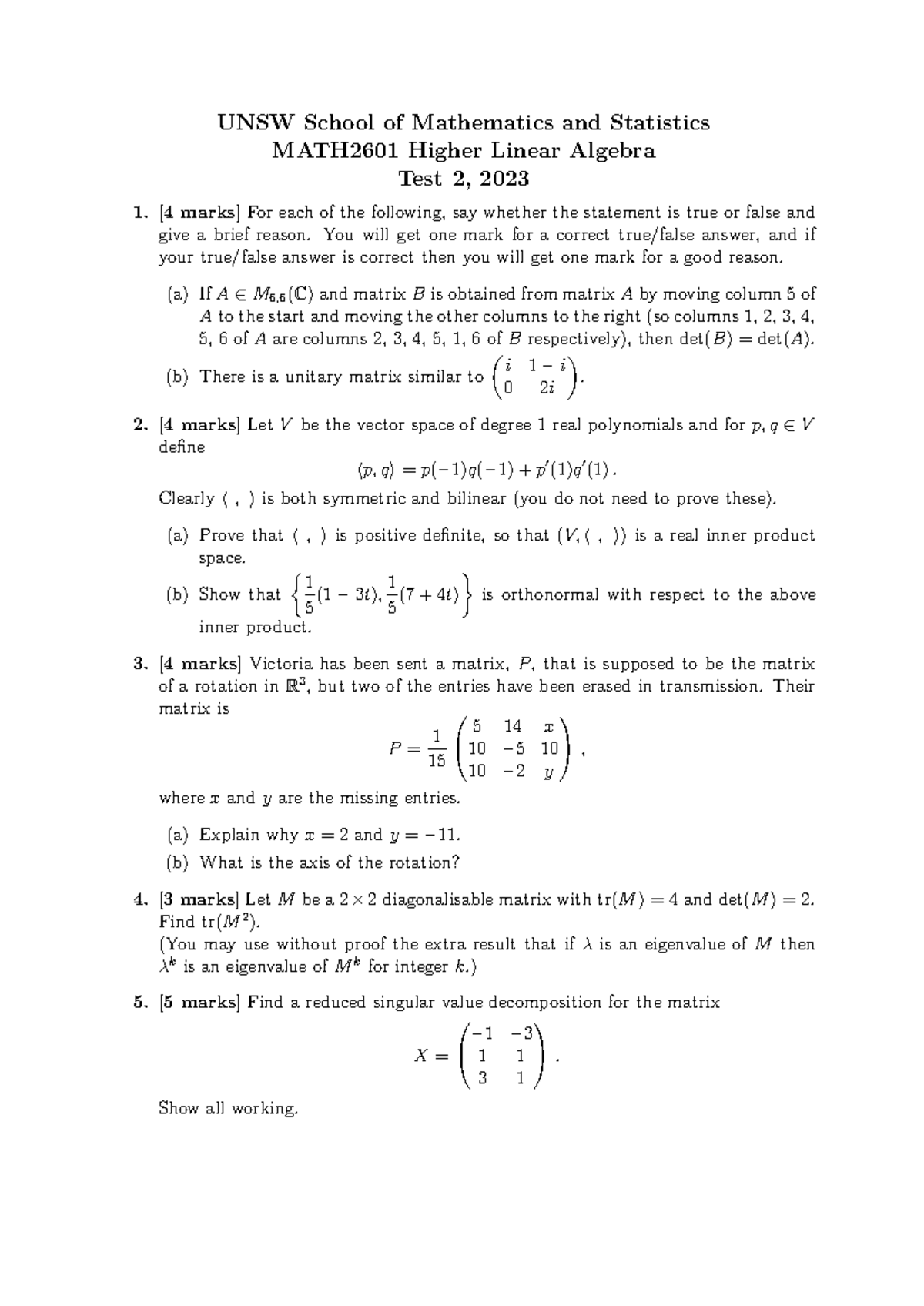 UNSW MATH2601 Higher Linear Algebra Test 2 Solutions, 2023 - Studocu