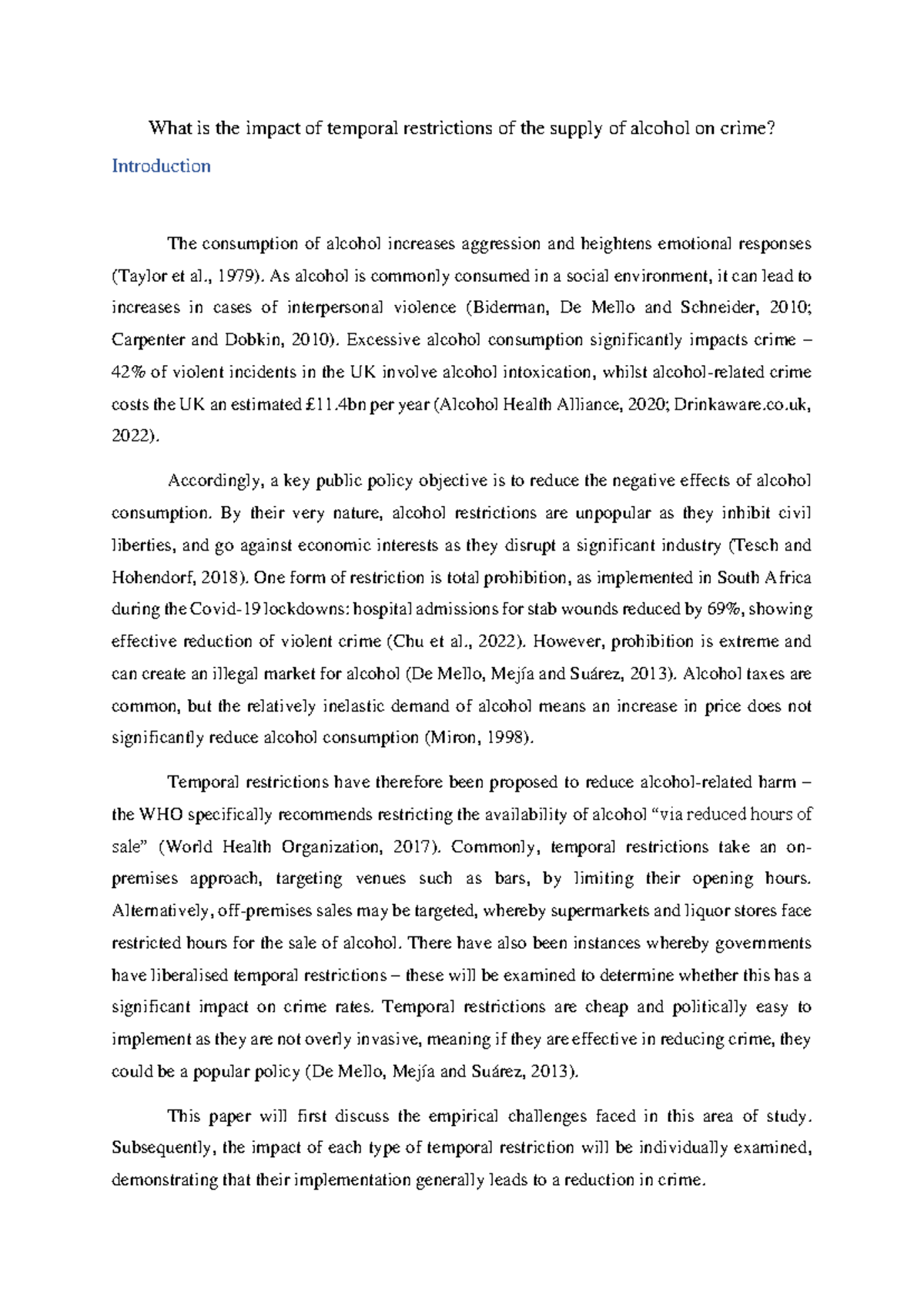 Final Report - Alcohol and Violence: Impact of Temporal Restrictions on ...