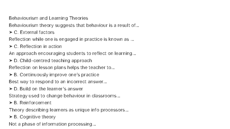Behaviourism and Learning Theories: Key Concepts and Reflections - Studocu