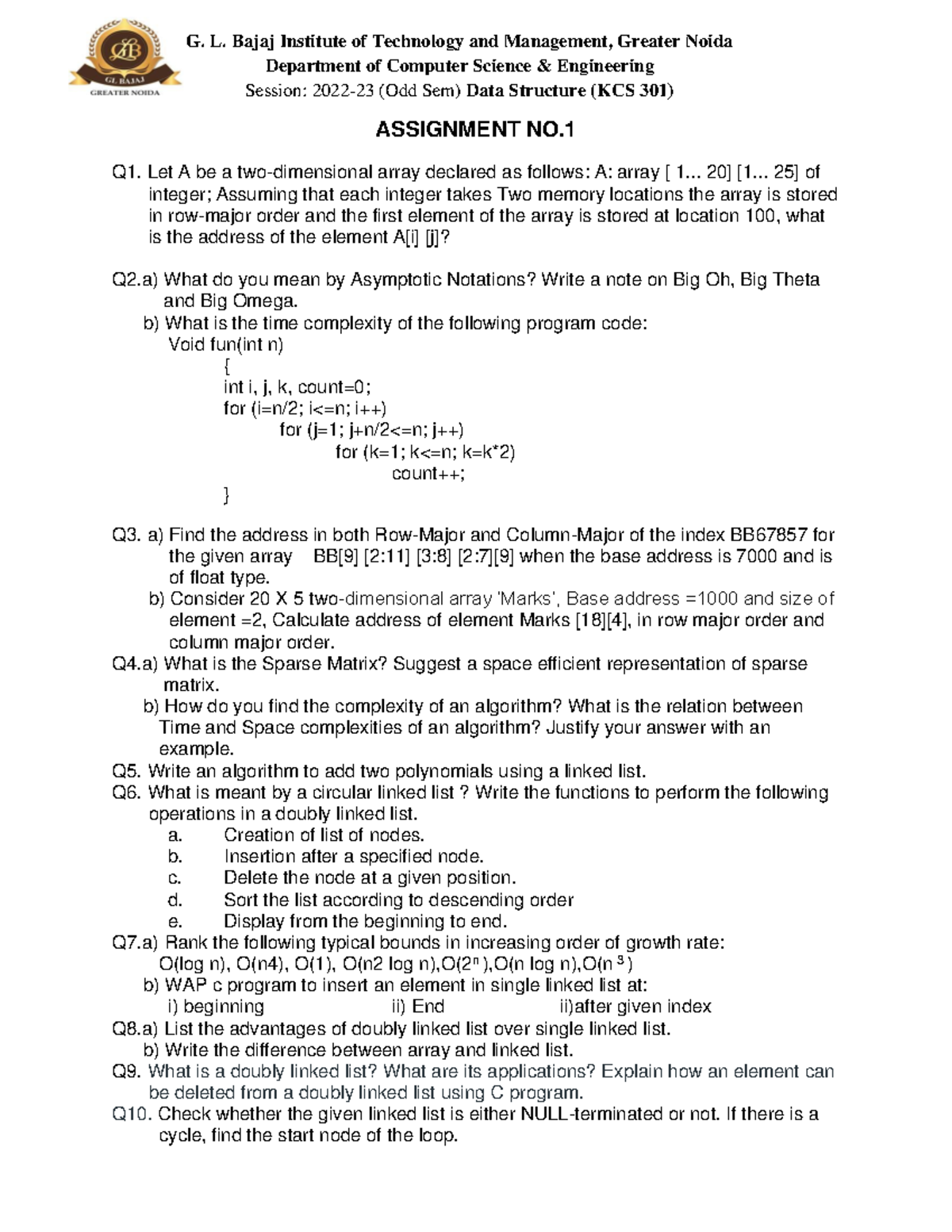Assignment 1(DS) - G. L. Bajaj Institute of Technology and Management, Greater Noida Department ...