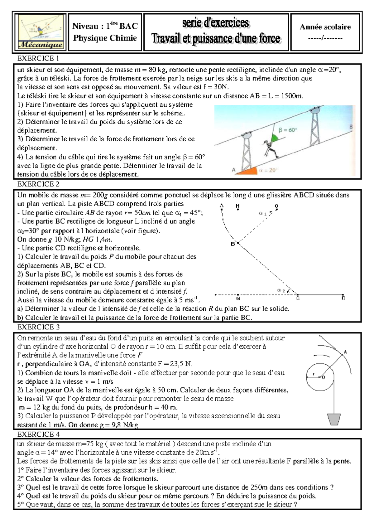 Exercices 2: Travail et Puissance d'une Force en Physique Ch. 1ère BAC ...