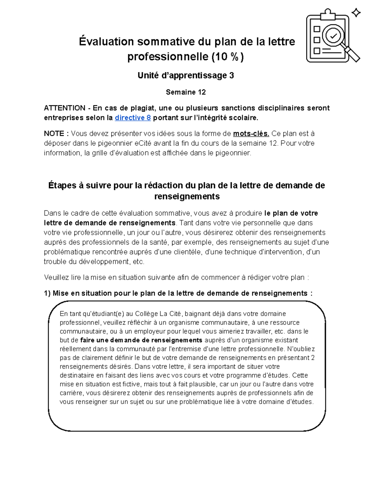 Plan de Lettre de Demande de Renseignements - Unité 3, Semaine 12 - Studocu