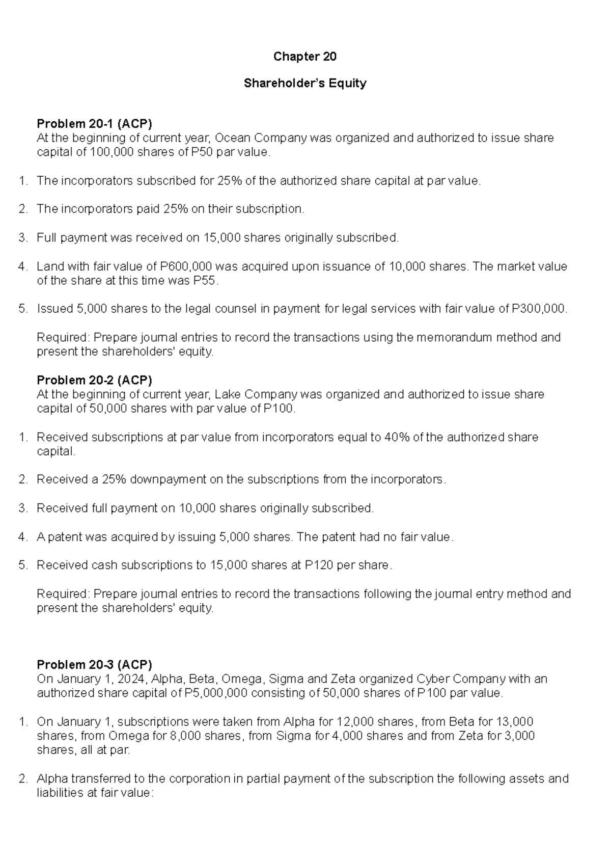Chapter 20 Equity Problems (ACP) - Journal Entries and Equity ...