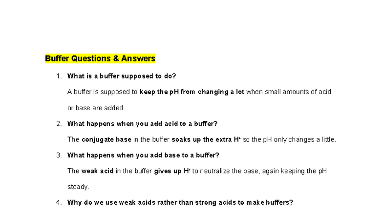 Buffer Questions & Answers: Understanding pH Stability - Studocu