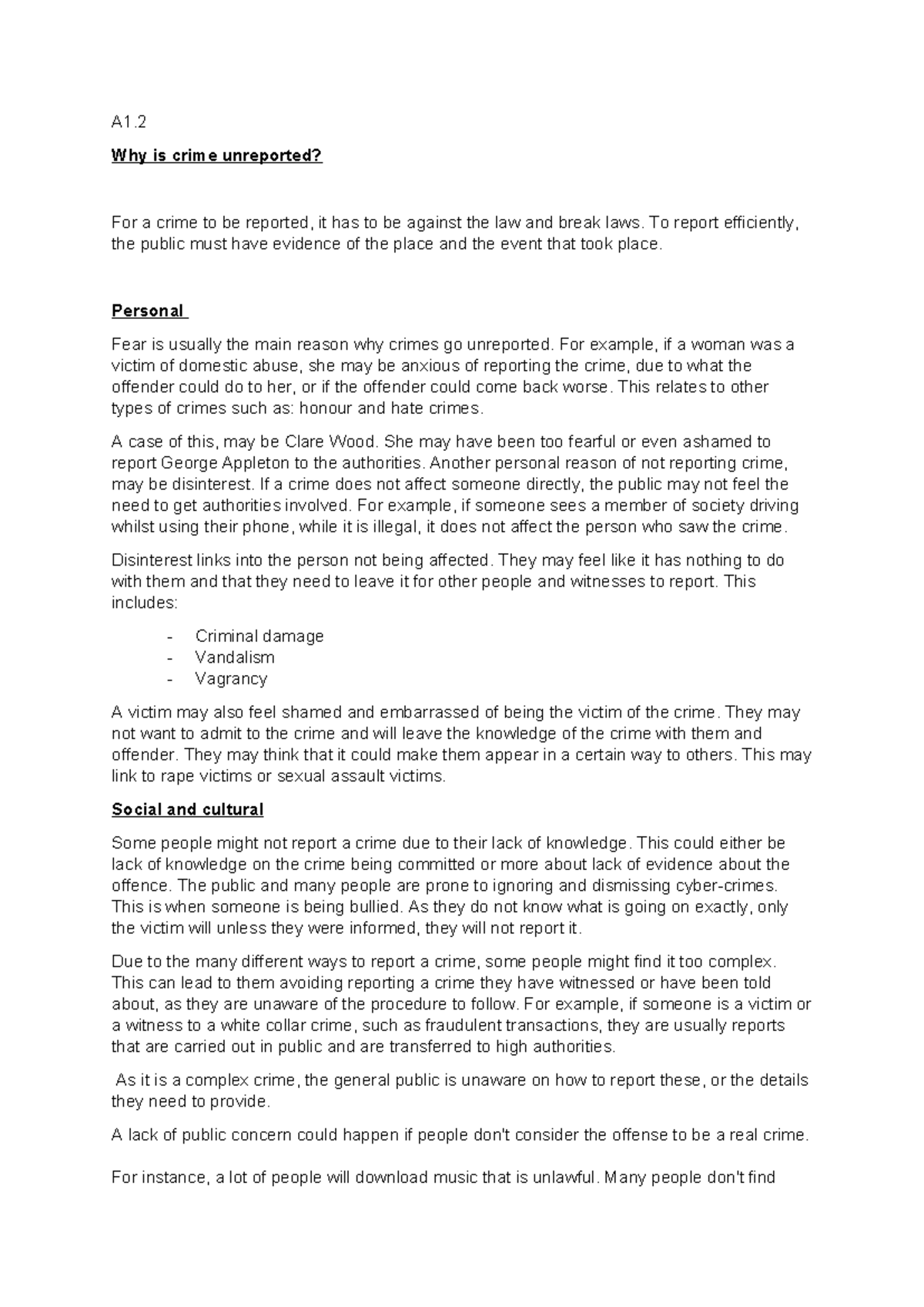 AC1.2 - Why do crimes go unreported - A1. Why is crime unreported? For ...
