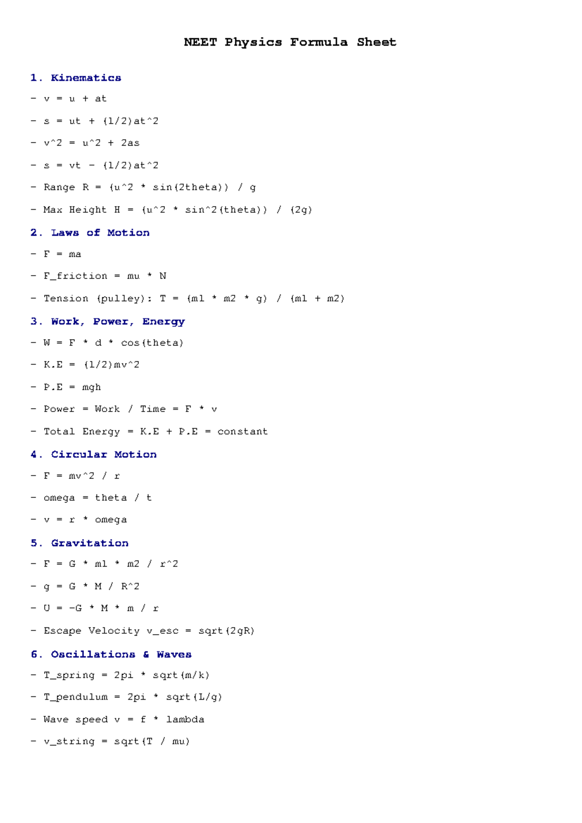 NEET Physics Formula Sheet Image Style - NEET Physics Formula Sheet 1 ...