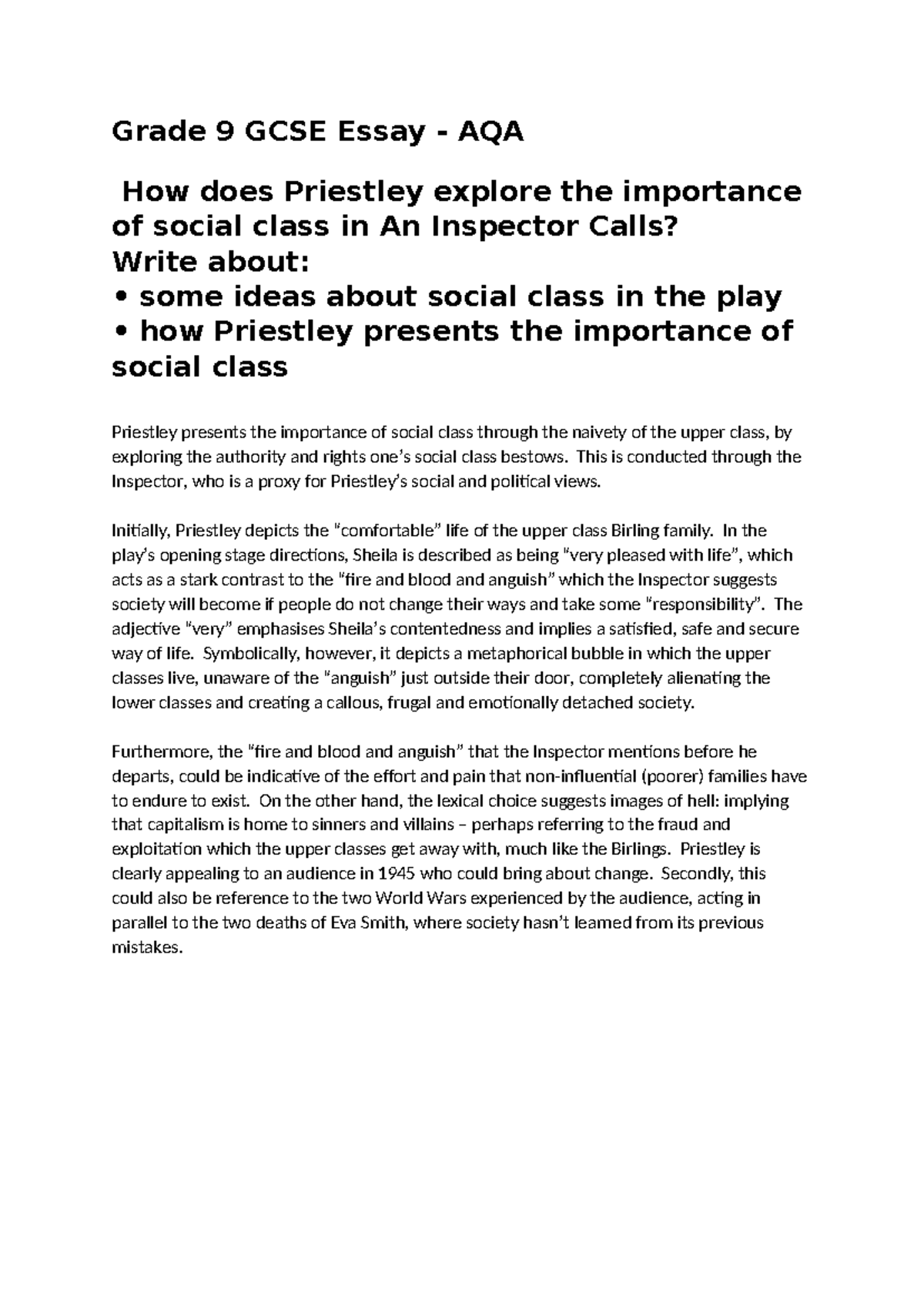 Grade 9 GCSE - AQA An Inspector Calls Essay on Social Class - Studocu