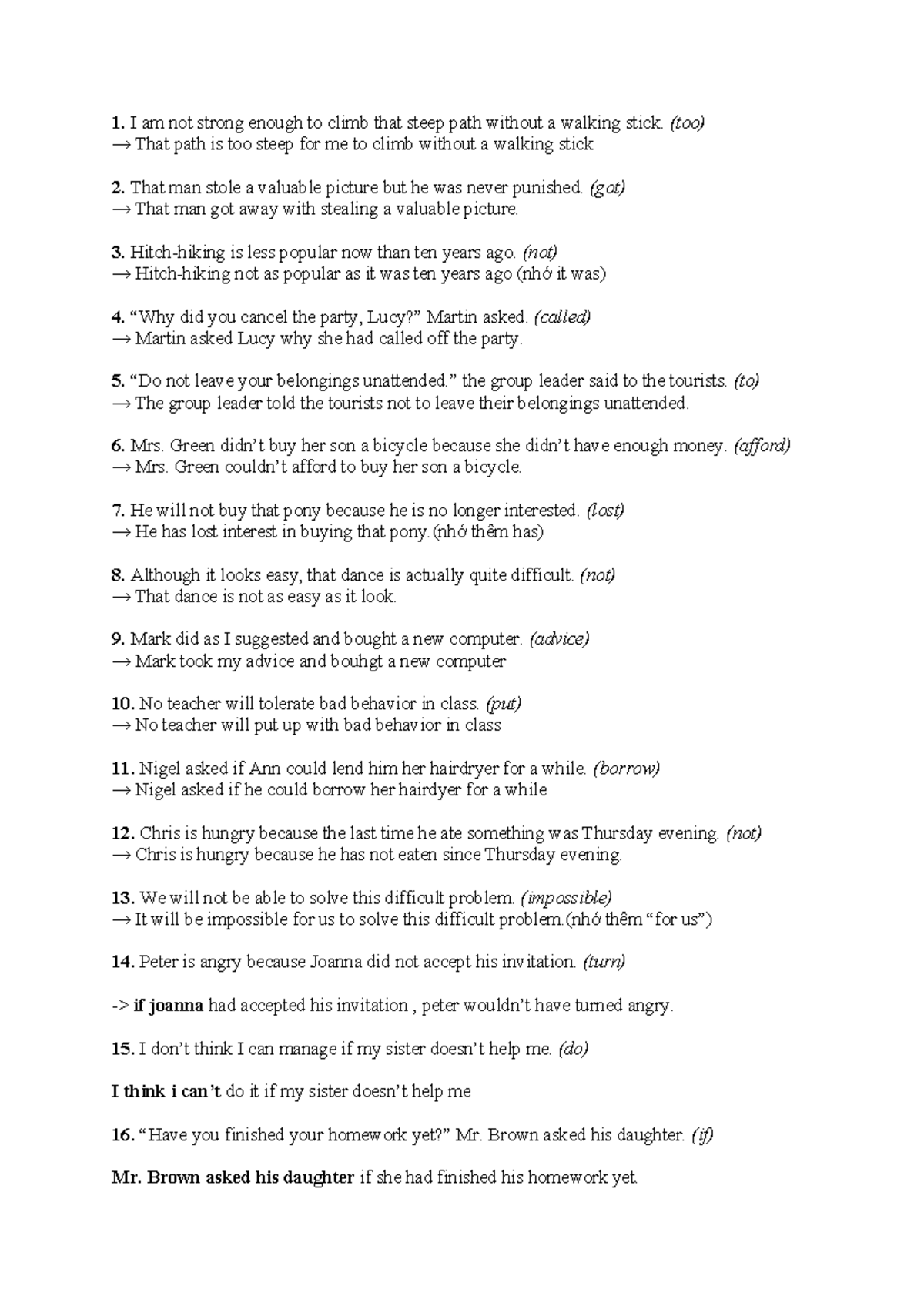 123 - Sentence Transformation Exercises and Answers - Studocu