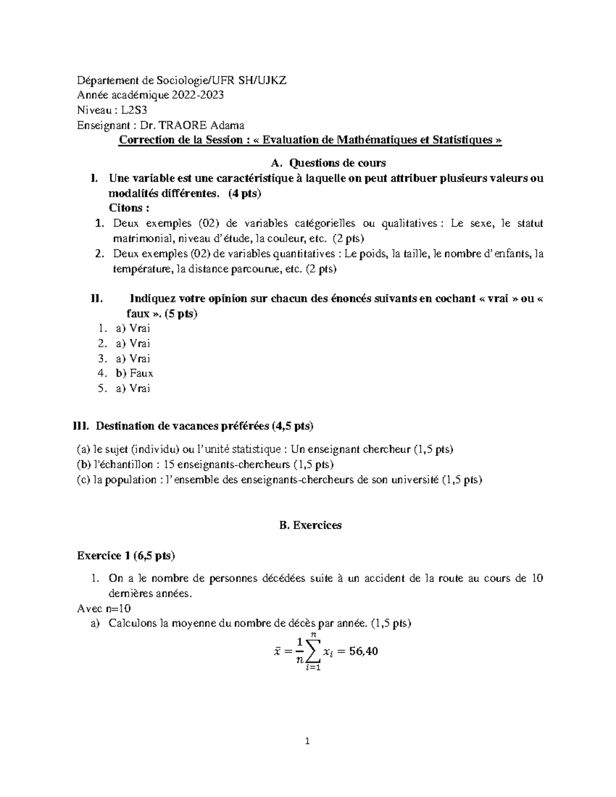 Correction de la Session : Évaluation de Mathématiques et Statistiques ...