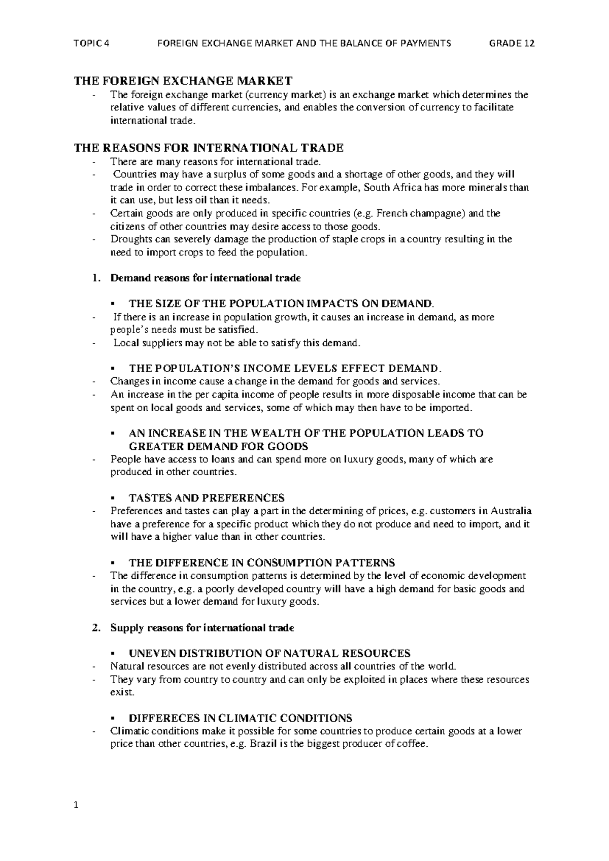 Topic 4: Foreign Exchange & BOP Grade 12 Notes on International Trade ...