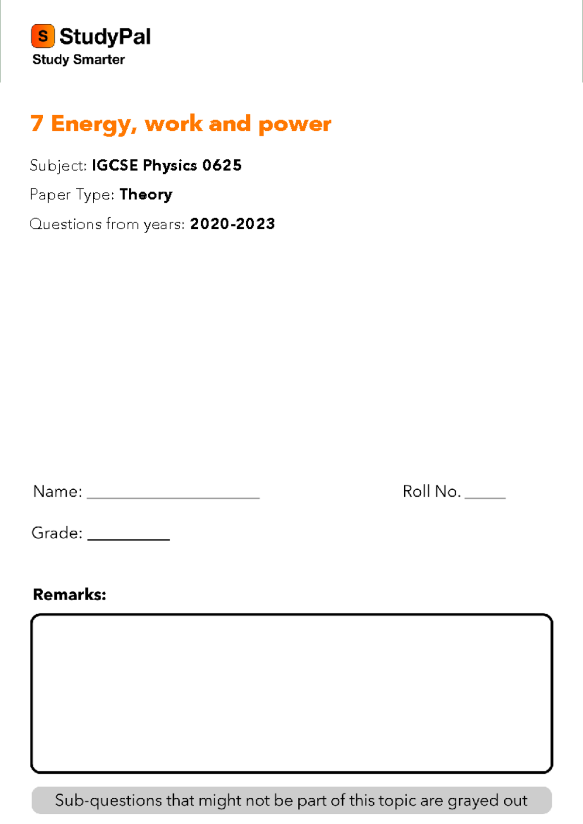 IGCSE Physics 0625: Theory Questions on Energy, Work & Power - Studocu