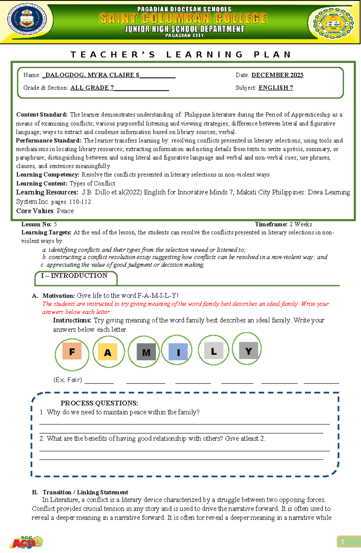 ENGLISH 7 Lesson 5: Understanding Types of Conflict in Literature - Studocu