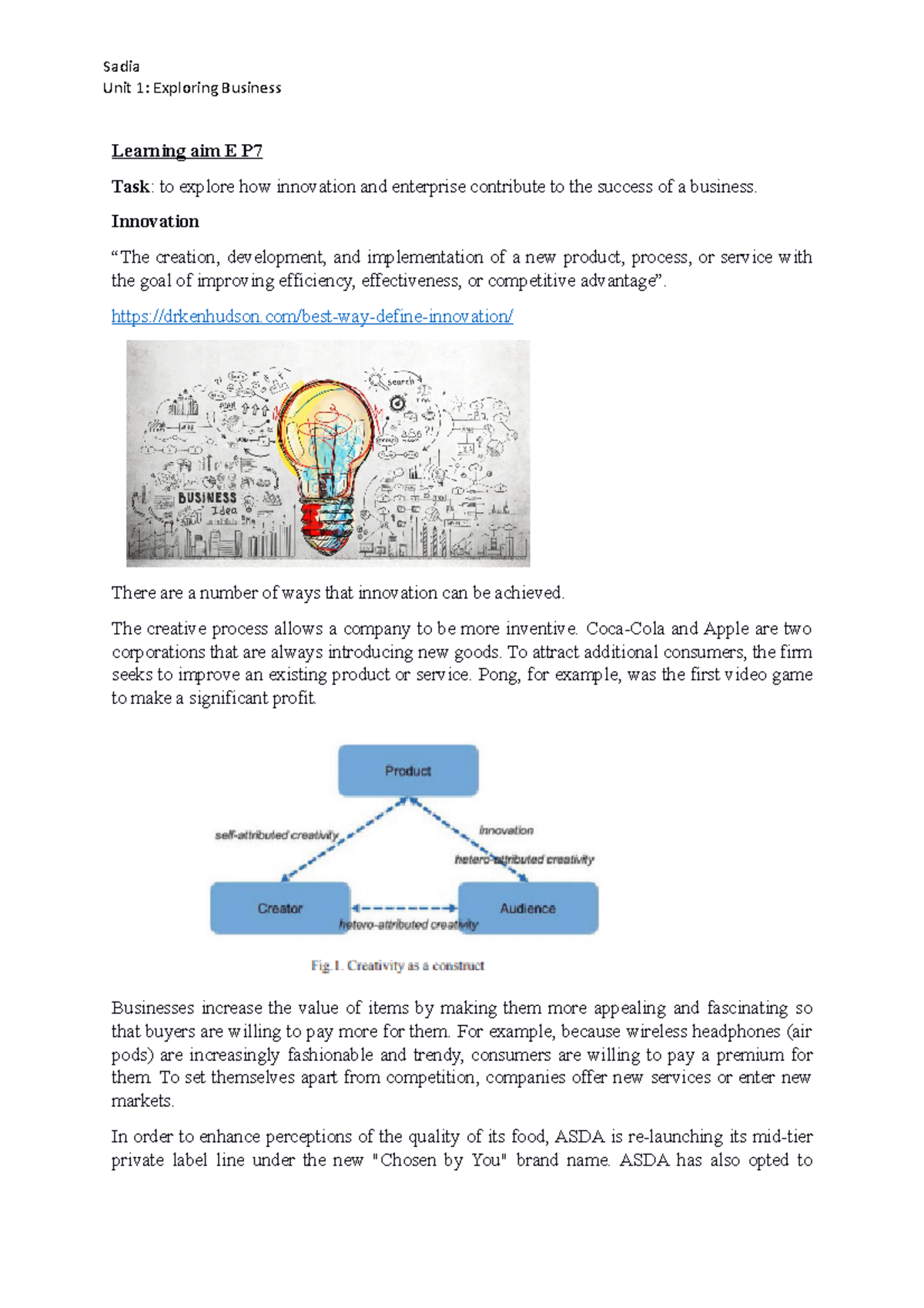 Learning Aim E Unit 1 P7 - done - Unit 1: Exploring Business Learning ...