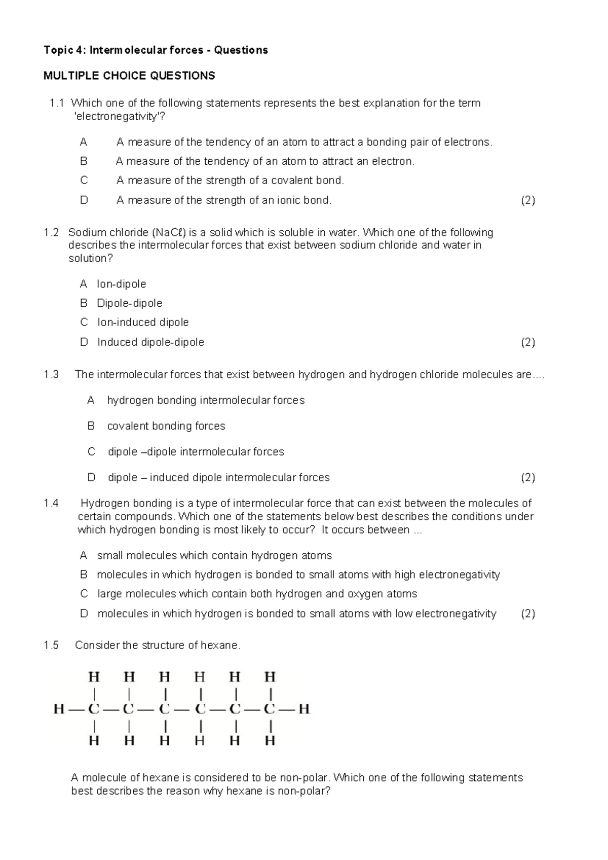Grade 11 Topic 4: Intermolecular Forces - MCQ & Long Questions - Studocu