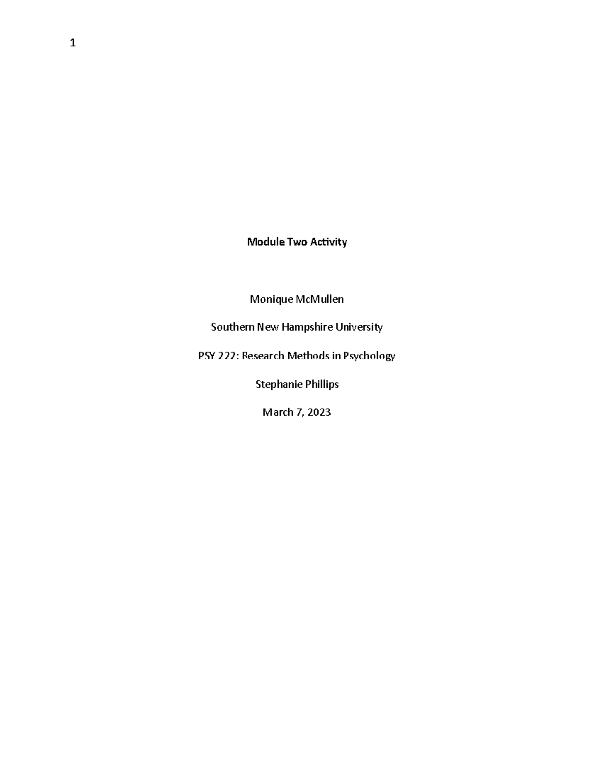 PSY222 Module Two Activity - Module Two Activity Monique McMullen ...
