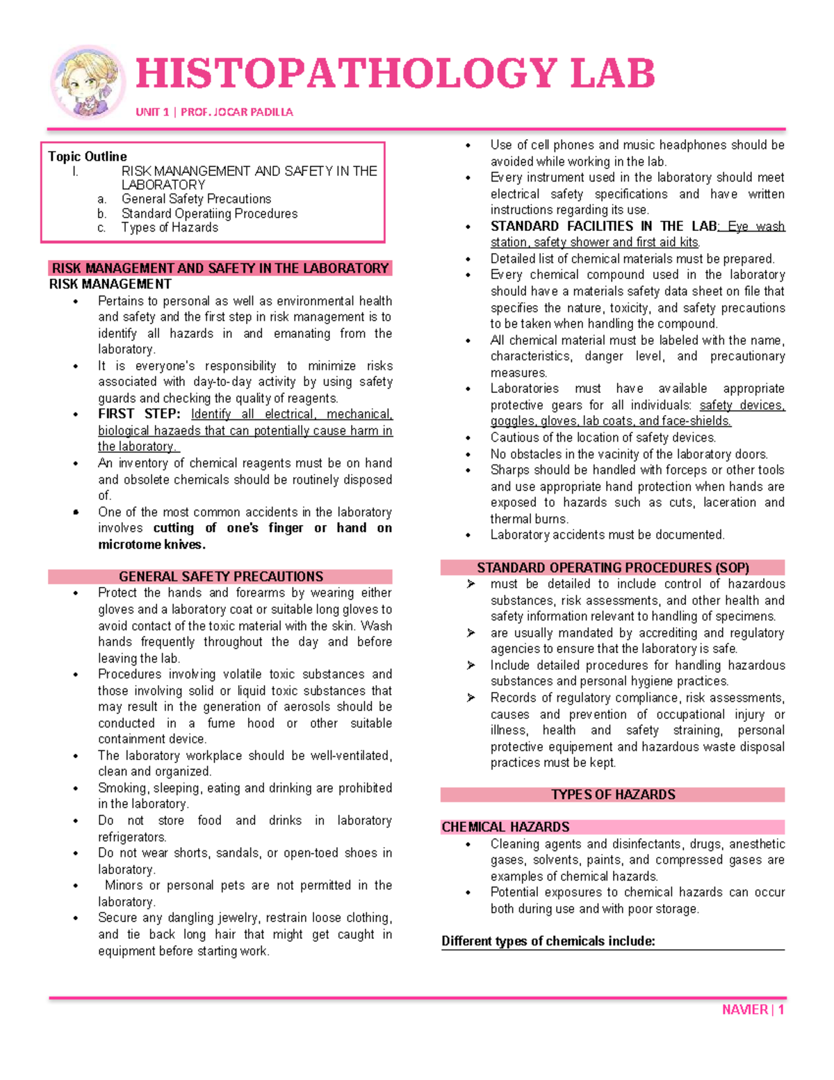 HISTOPATHOLOGY LAB 20L1: RISK MANAGEMENT & SAFETY PROTOCOLS - Studocu