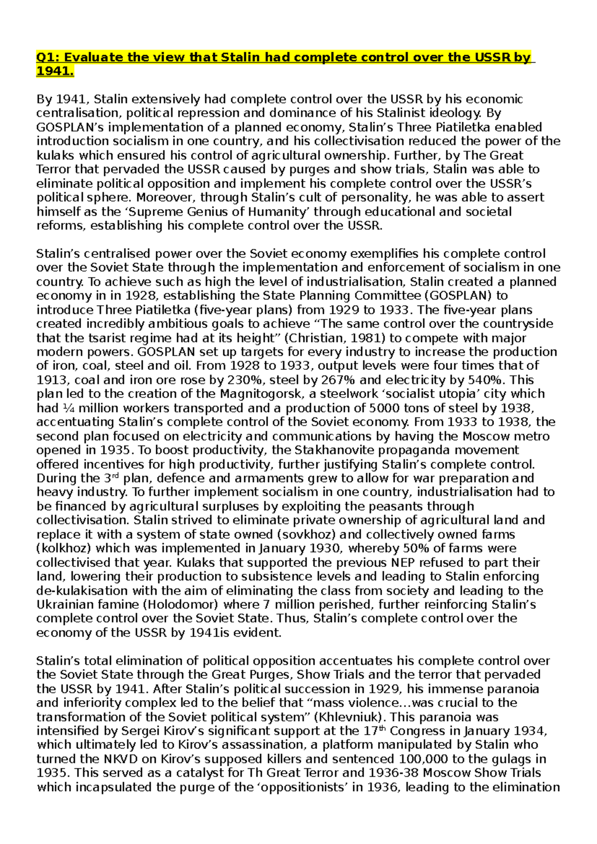 Stalin's Complete Control Over the USSR: An Analysis (HIST 101) - Studocu