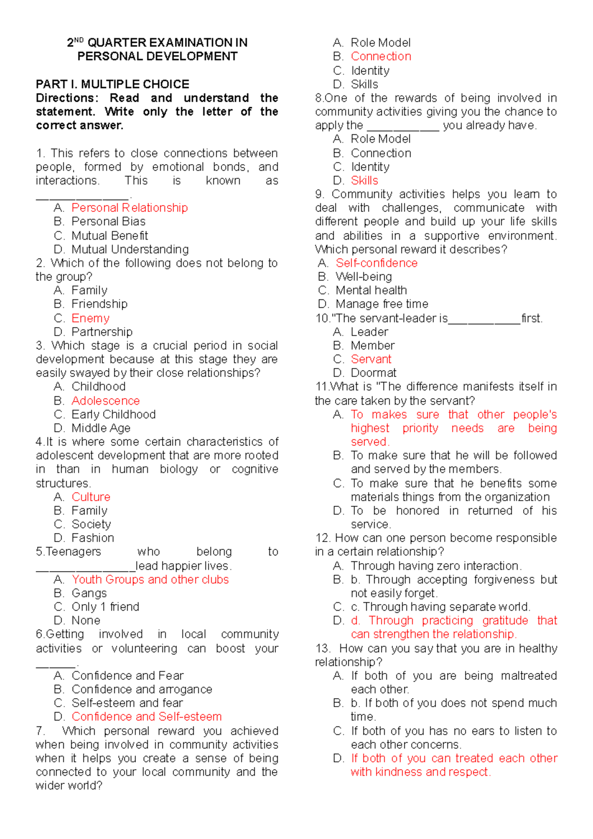Perdev 11Q2: 2nd Quarter Exam with Answer Key in Personal Development - Studocu