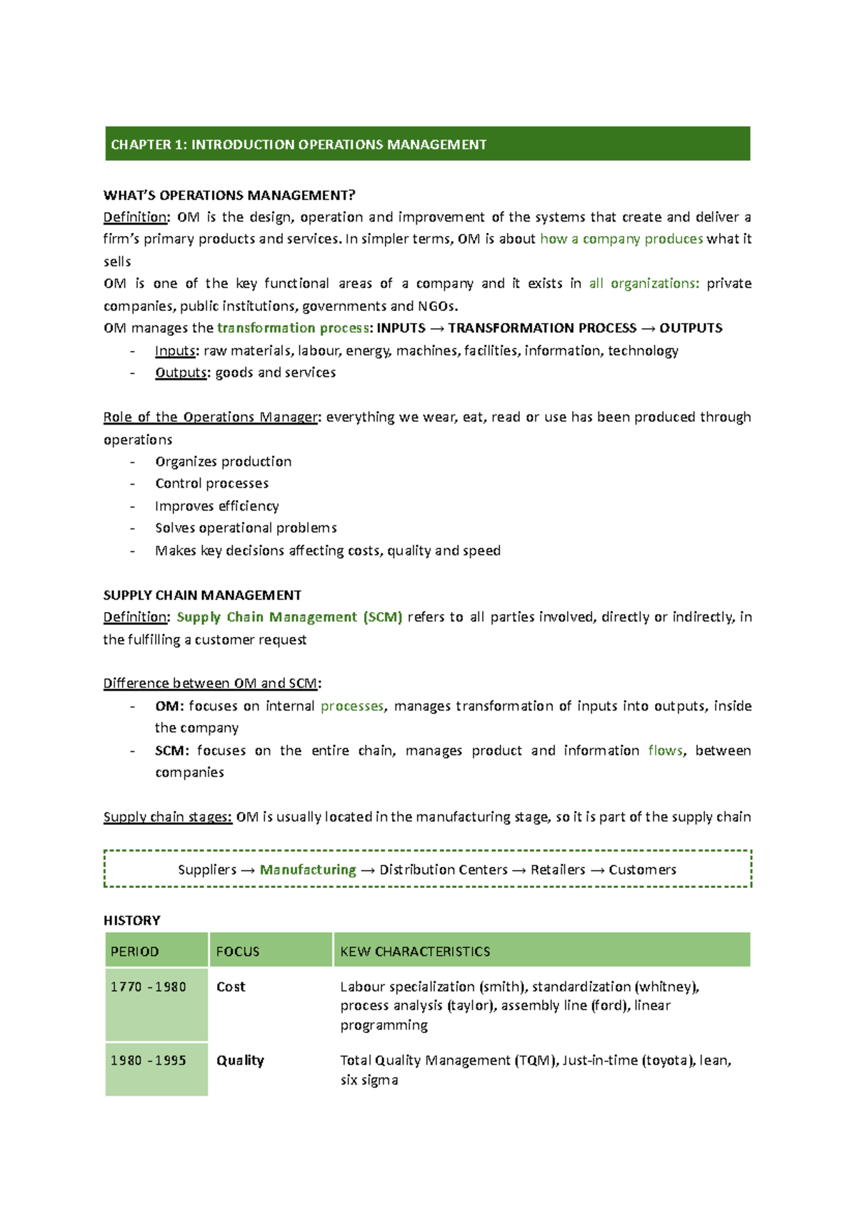 Operations Management Notes: Chapter 1 Overview and Key Concepts - Studocu
