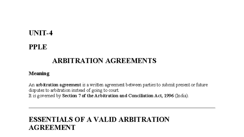 PPLE Unit 4 - Arbitration Agreements and Their Essentials - Studocu