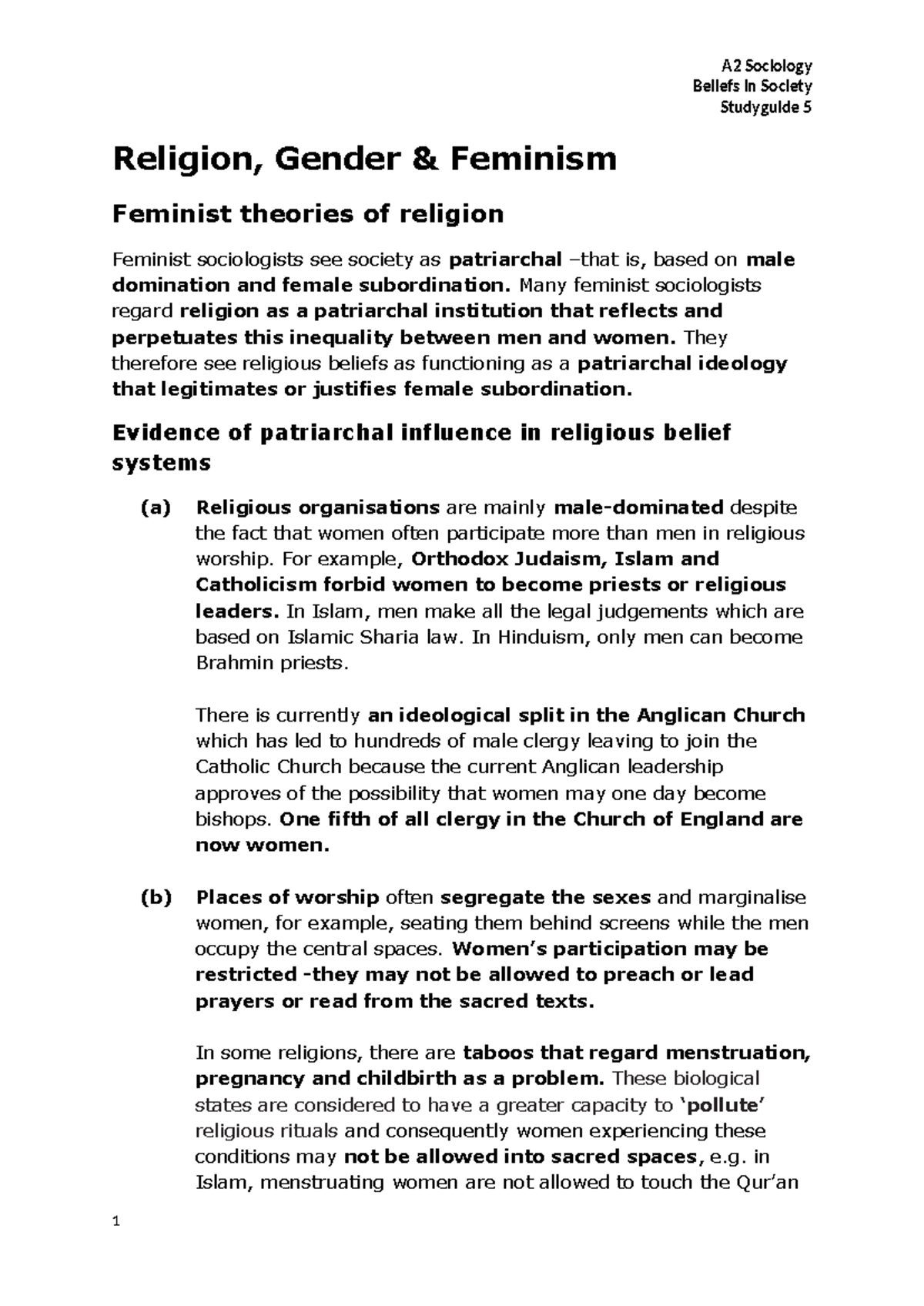 Religion, Gender & Feminism: Beliefs in Society Studyguide 5 - Studocu