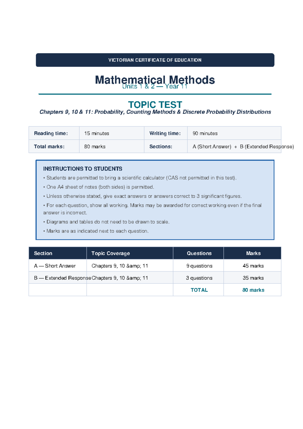 Mathematical Methods VCE Year 11 Topic Test: Probability & Counting ...