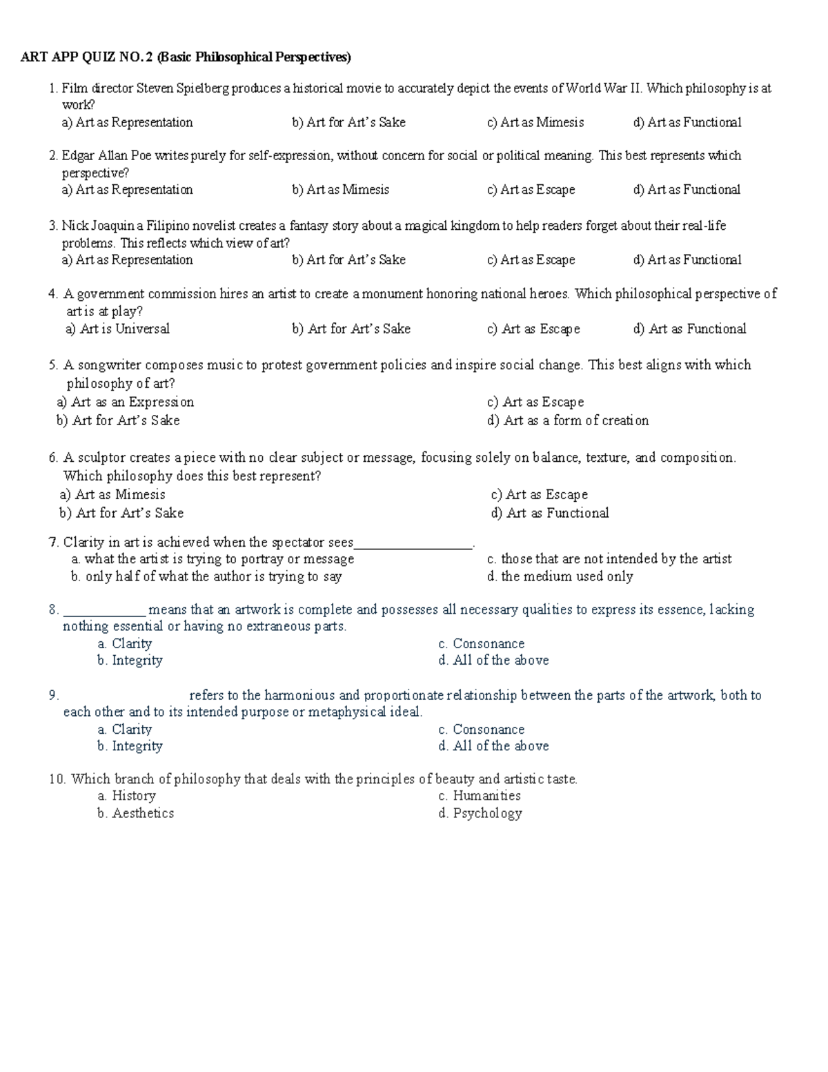 ART APP QUIZ NO. 2: Exploring Basic Philosophical Perspectives - Studocu