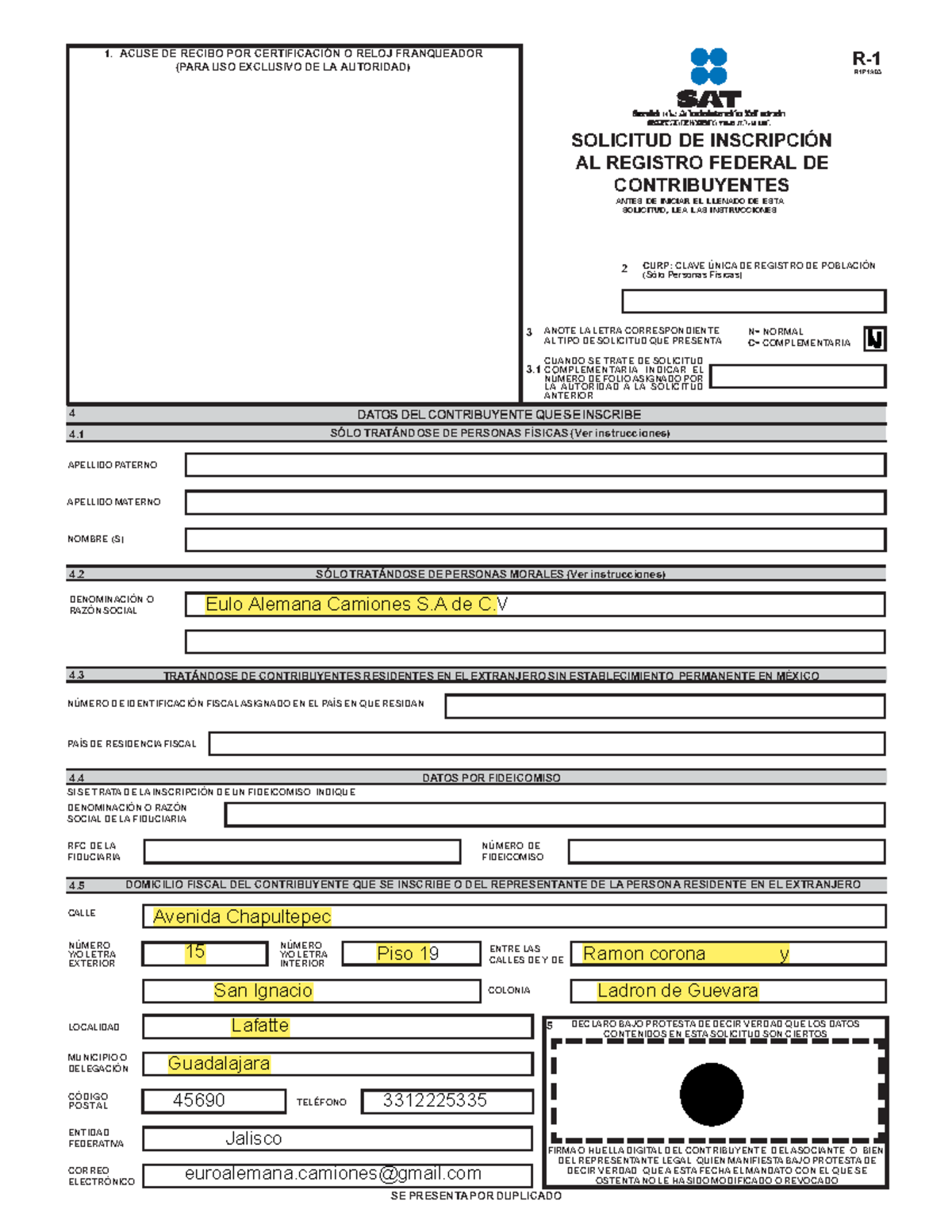 Solicitud de Inscripción al RFC - Formulario R-1 SAT - Studocu