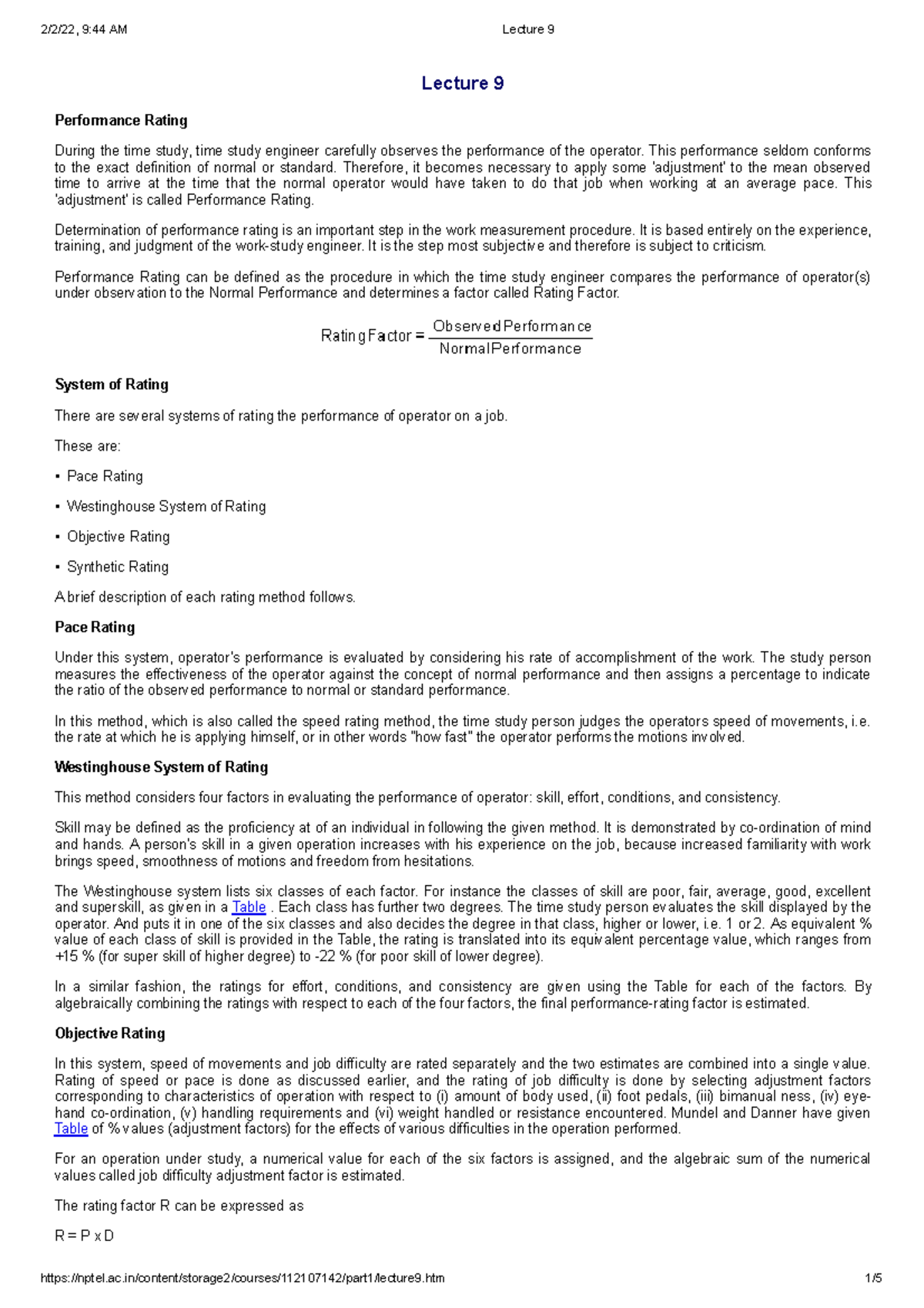 Rating Factor - Lecture 9 Performance Rating During the time study ...