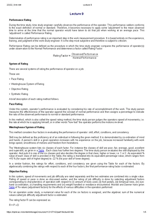 Rating Factor - Lecture 9 Performance Rating During the time study ...