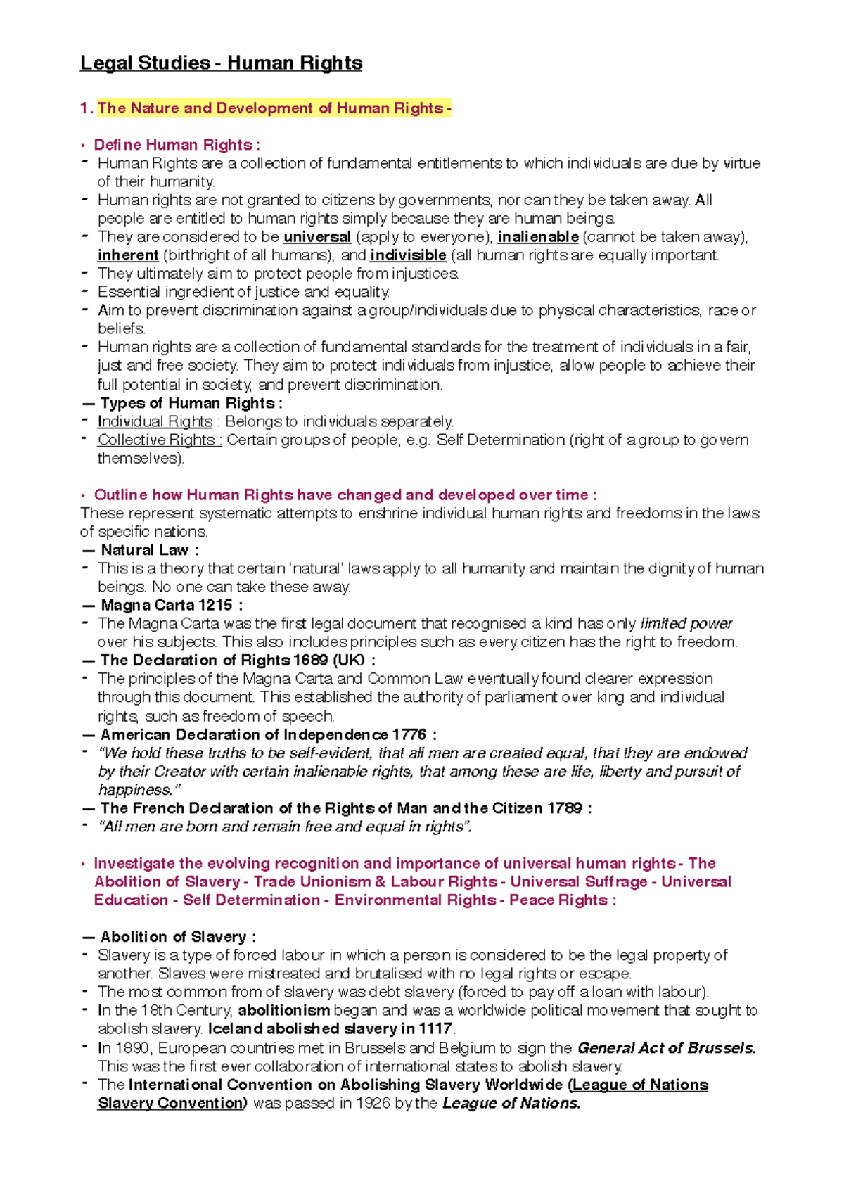HSC Human Rights Study Notes: Nature, Development & Enforcement - Studocu