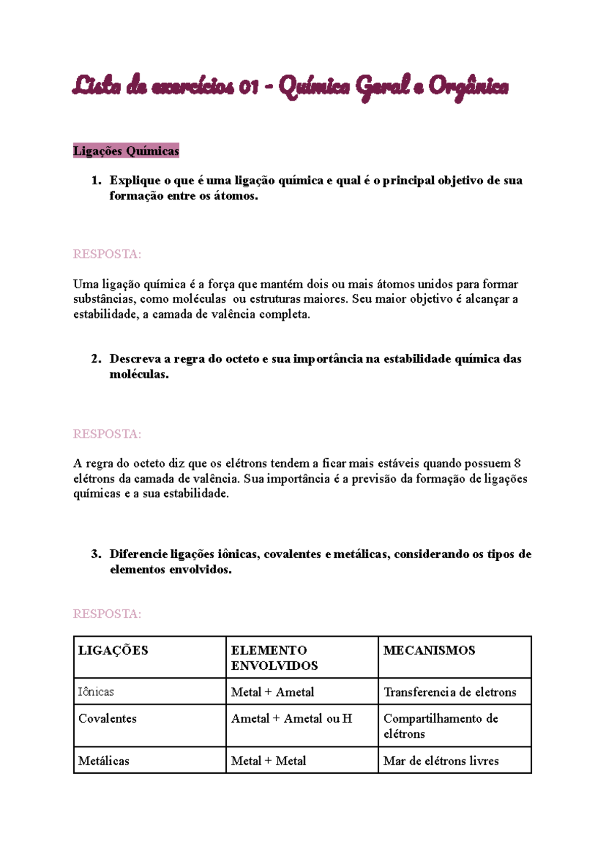 Lista de Exercícios 02 - Química Geral e Orgânica: Ligações Químicas ...