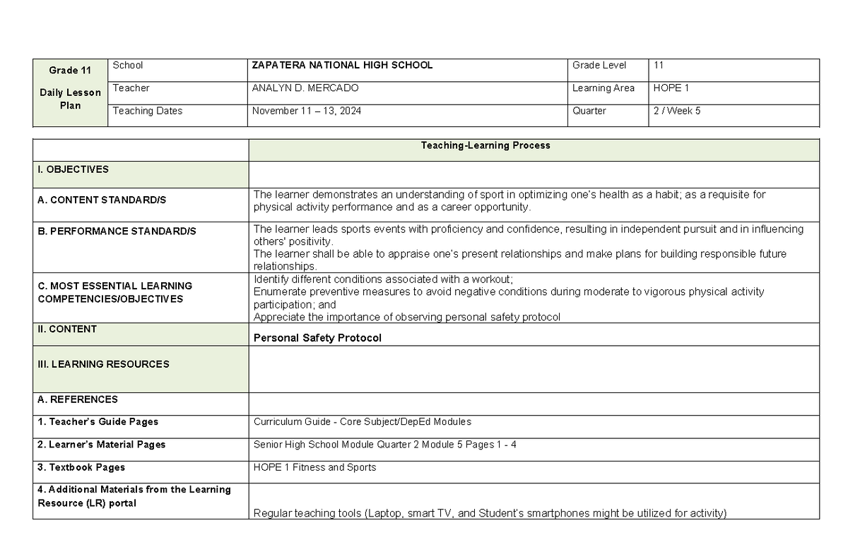 HOPE 1 Grade 11 Daily Lesson Plan - Week 5 (Nov 11-13, 2024) - Studocu