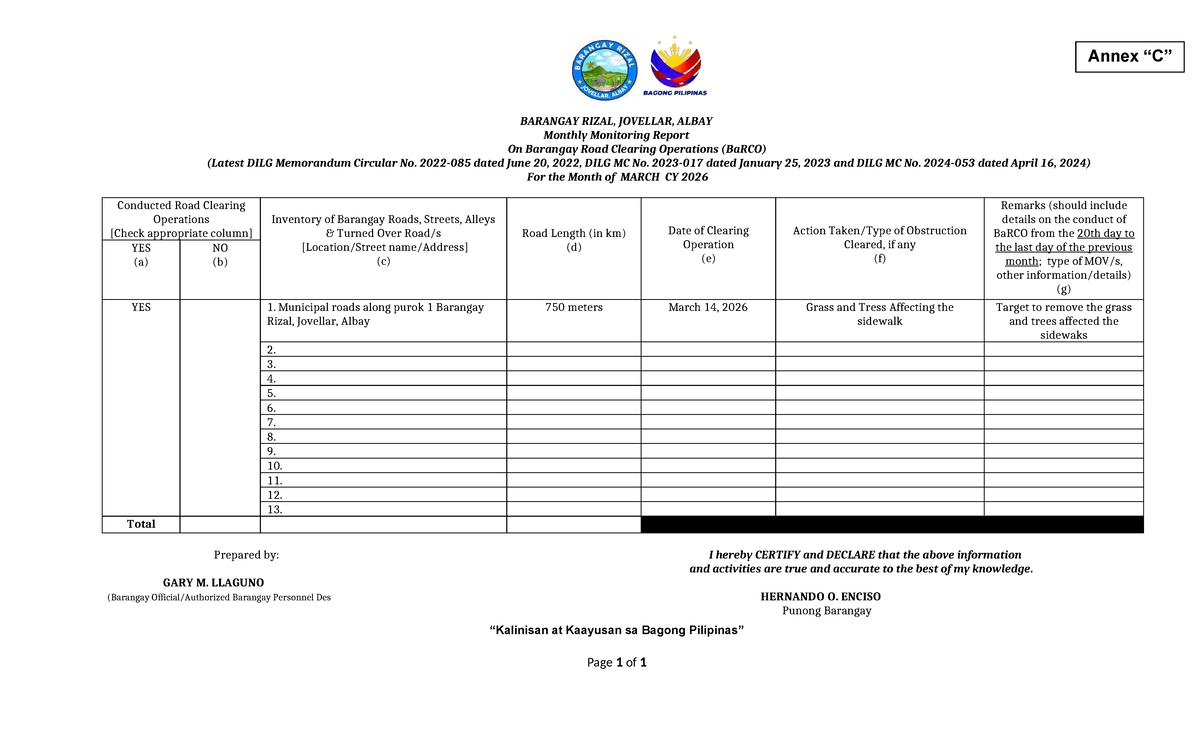 Monthly Monitoring Report on Barangay Road Clearing Operations (BaRCO ...