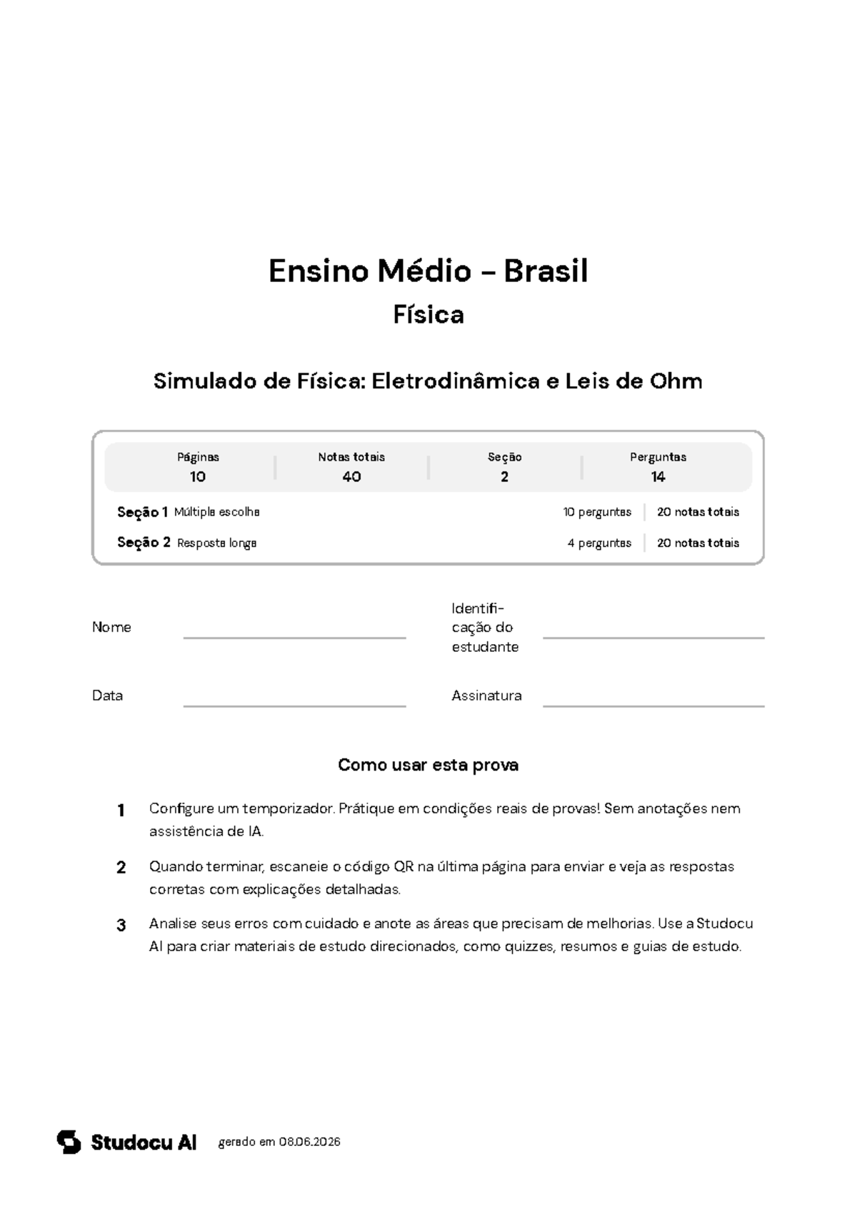 Simulado de Física: Eletrodinâmica e Leis de Ohm - Studocu
