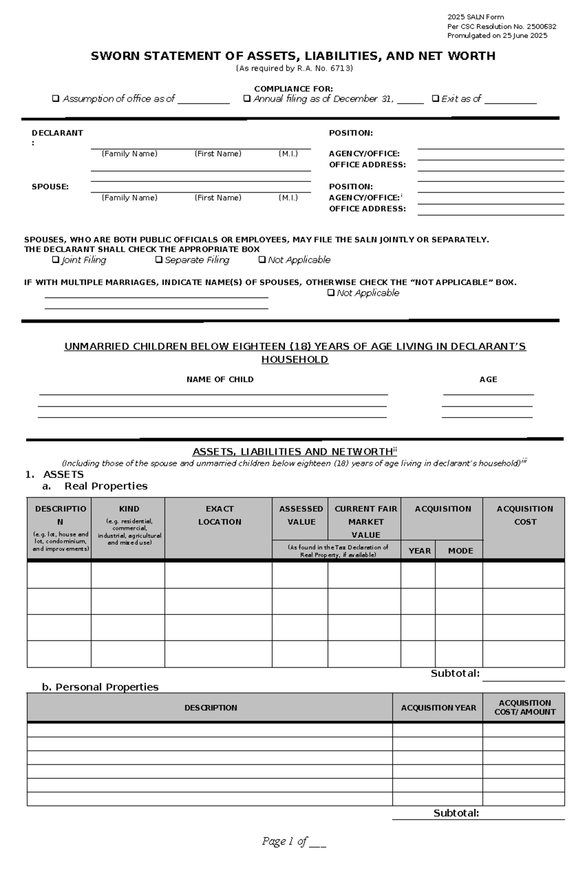 SALN Form 2025: Compliance with CSC Resolution No. 2500632 - Studocu