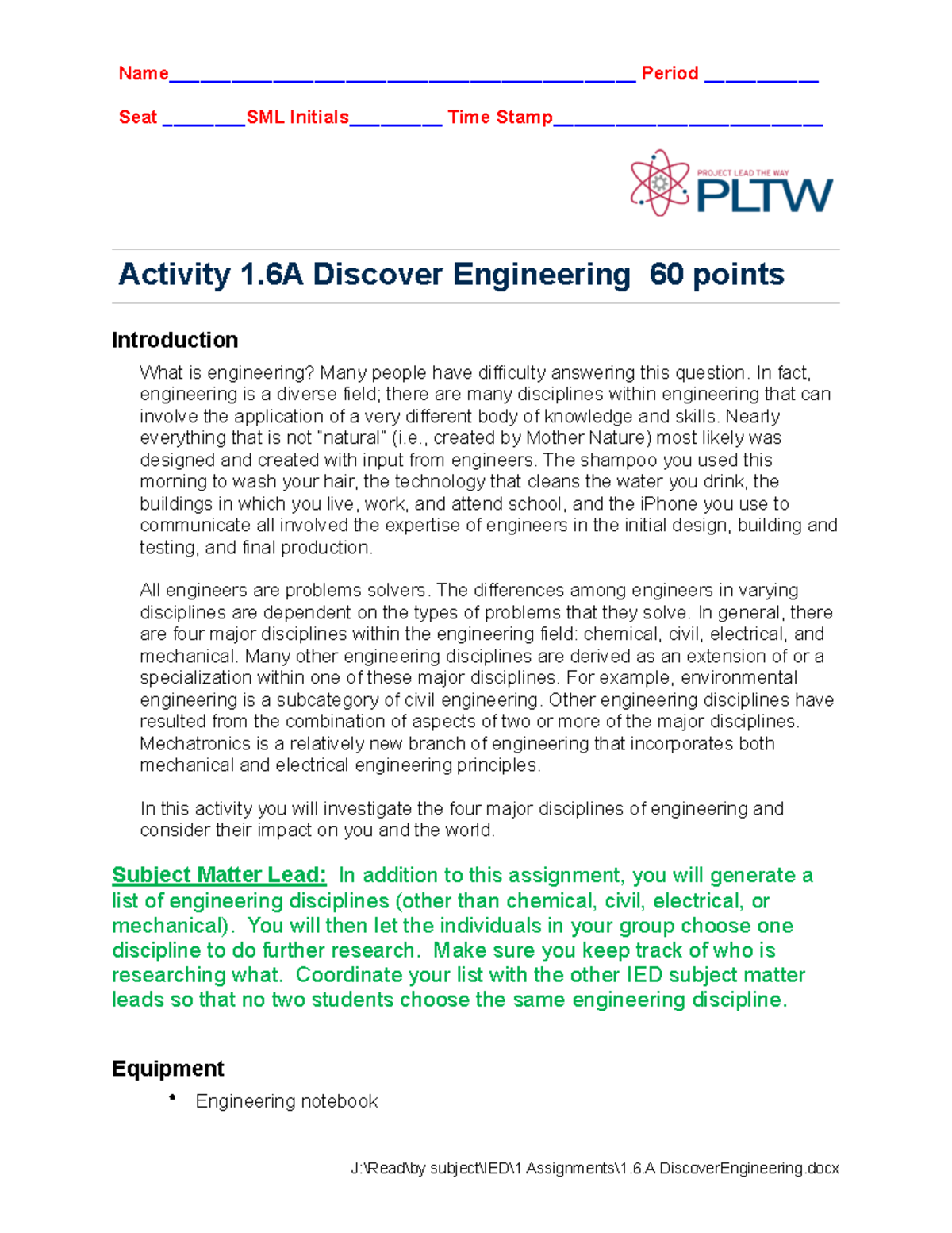 PLTW Discovering Engineering: Exploring Major Disciplines and Careers ...