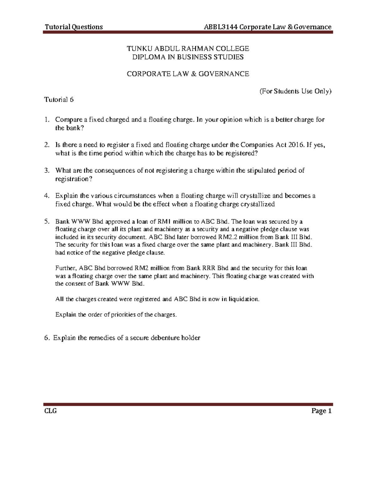 Tutorial 6 Questions on Corporate Law Governance ABBL3144 - Studocu