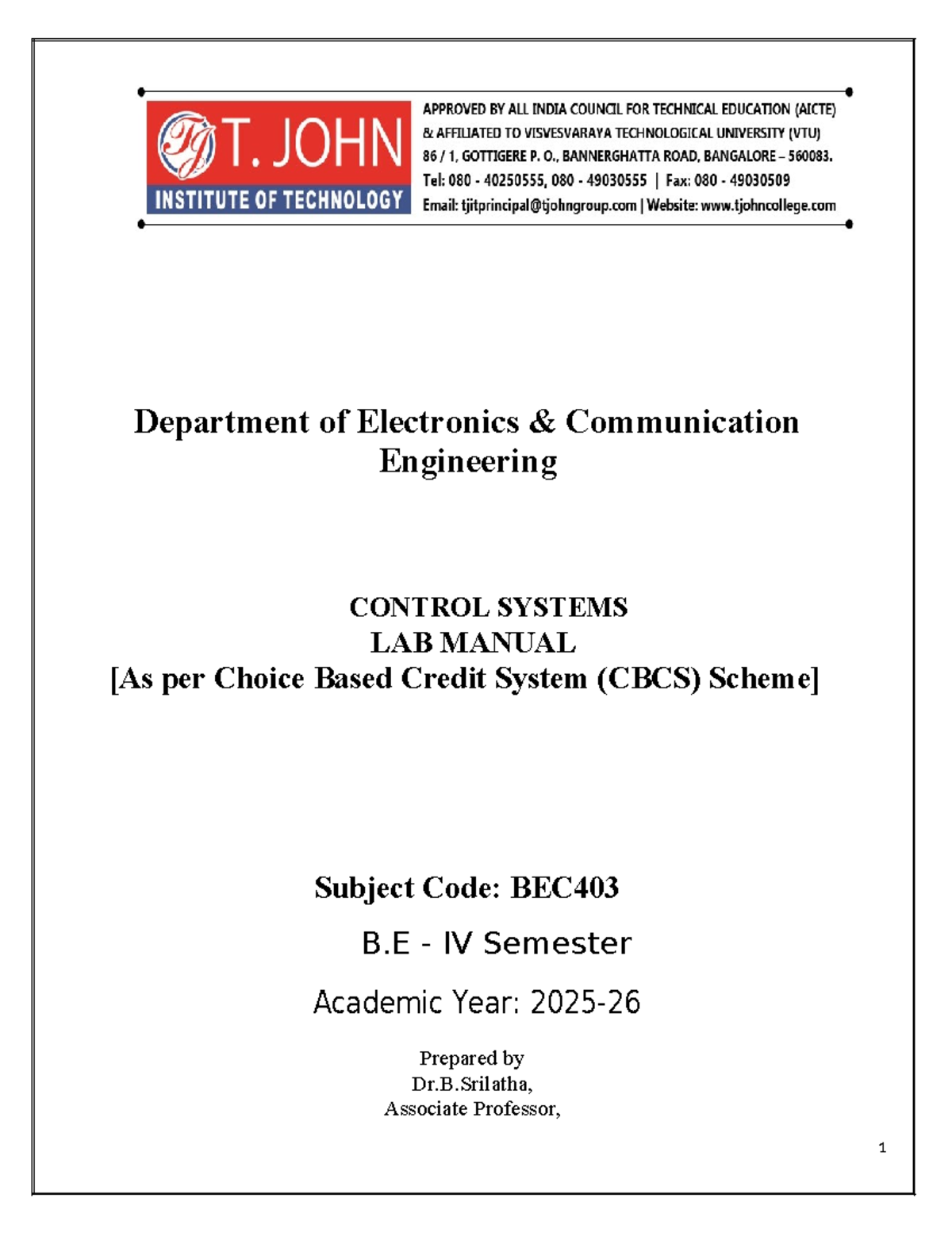 BEC403 Control Systems Lab Manual: Experiments & Procedures - Studocu
