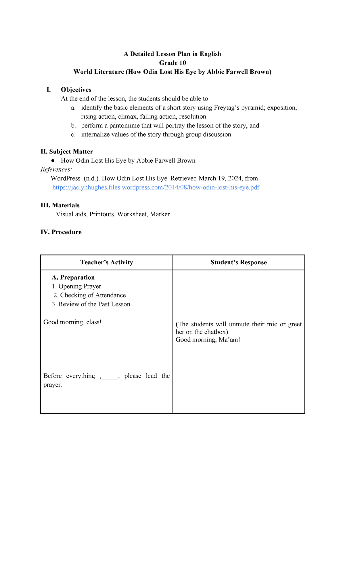 Detailed Lesson Plan: Exploring "How Odin Lost His Eye" (10th Grade ...