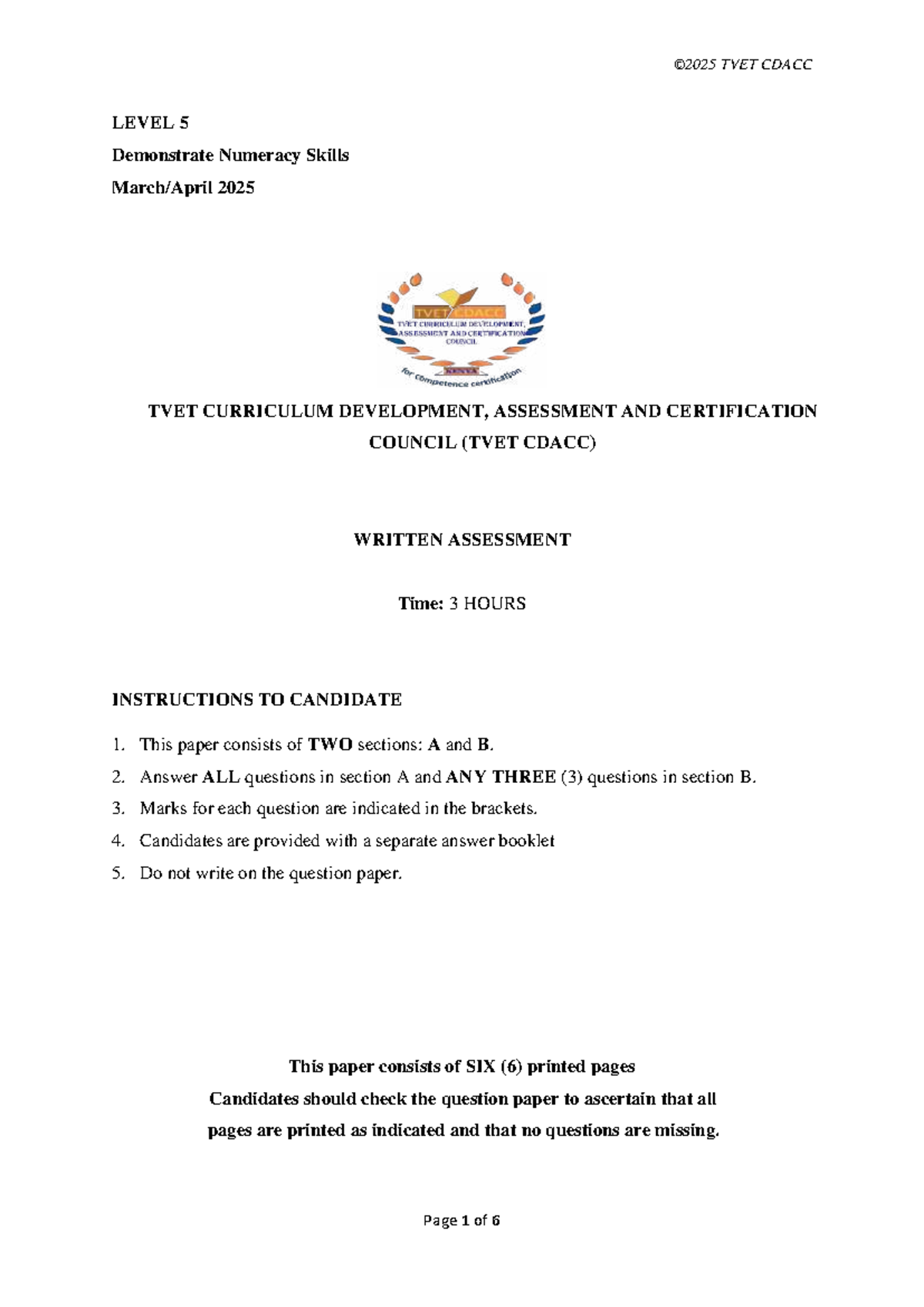 TVET CDACC LEVEL 5 Numeracy Skills Written Assessment Notes 2025 - Studocu