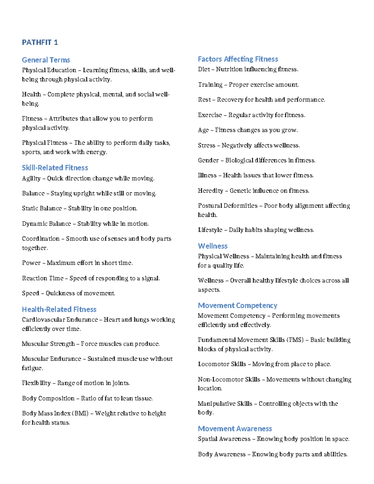 PATHFIT 1 Quick Review Sheet: General Terms in Physical Education - Studocu