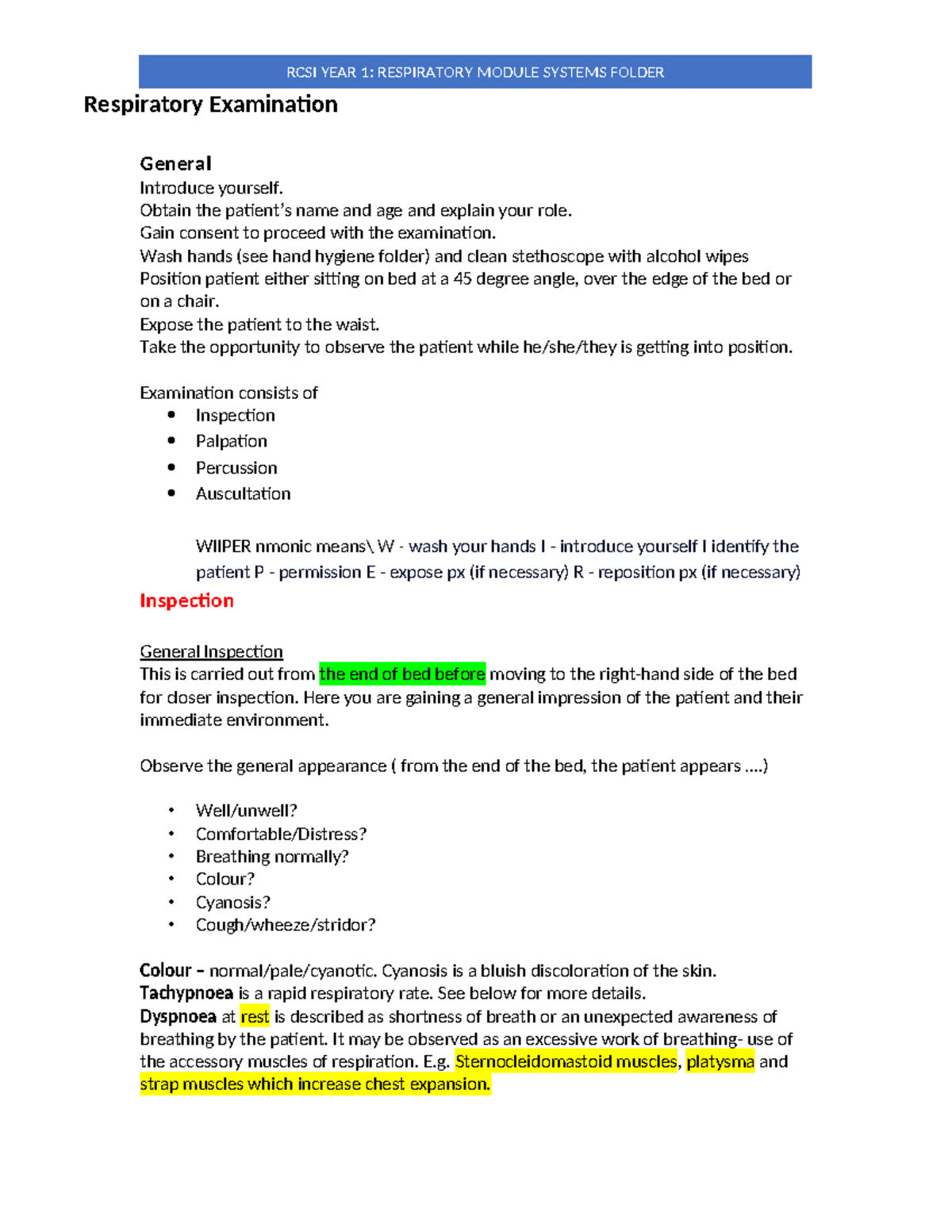 RCSI Year 1: Respiratory Module - Examination Techniques Guide - Studocu