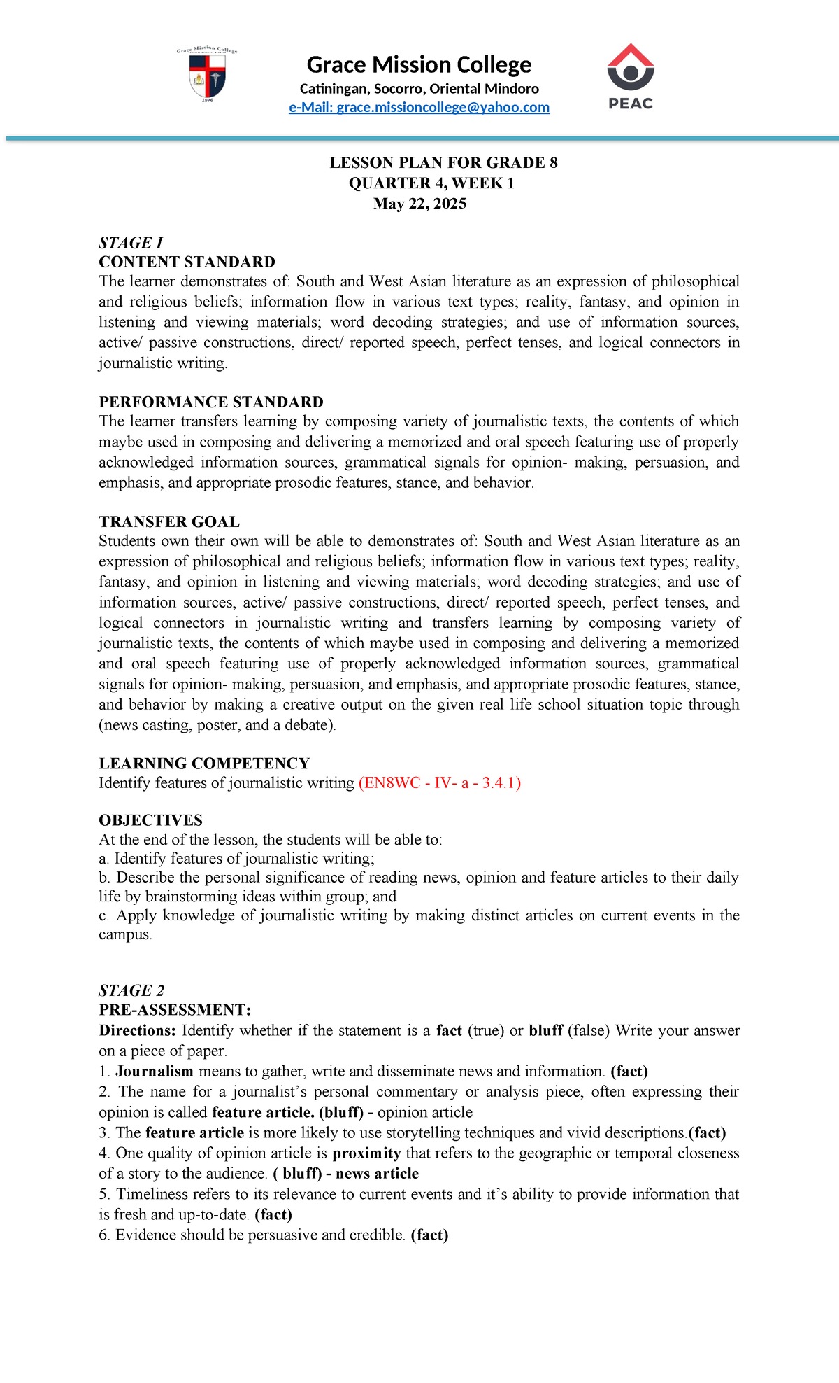 Grade 8 Lesson Plan: Journalistic Writing (Q4, W1) - May 22, 2025 - Studocu
