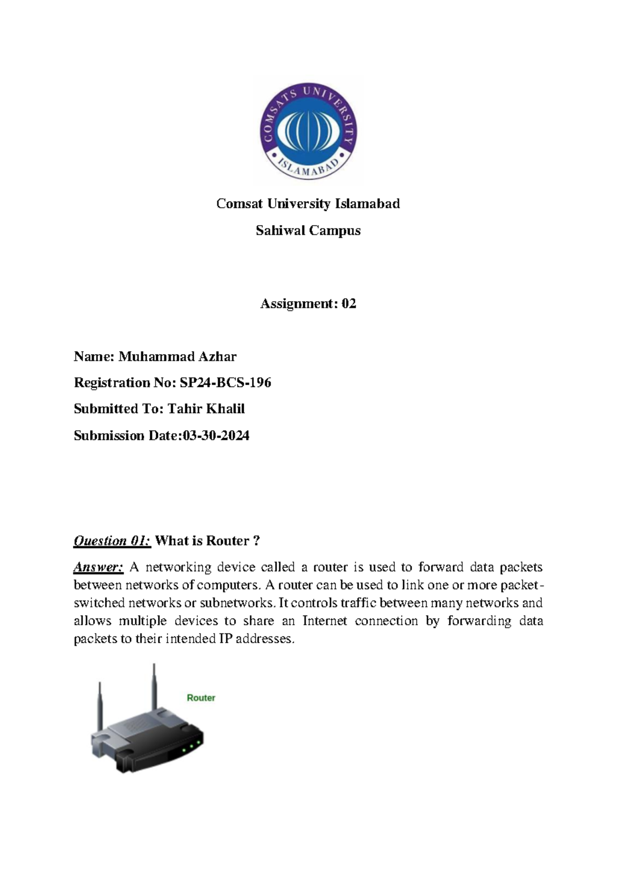 ICT Assignment 02: Understand Routers & IP Addresses SP24-BCS-196-1C ...