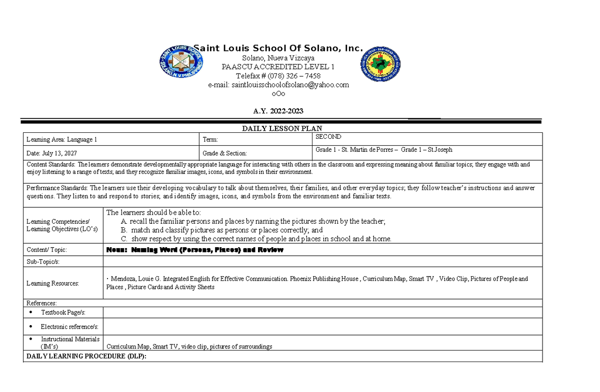 DAILY LESSON PLAN: NOUNS (PERSONS, PLACES, ANIMALS, THINGS) - GRADE 1 ...