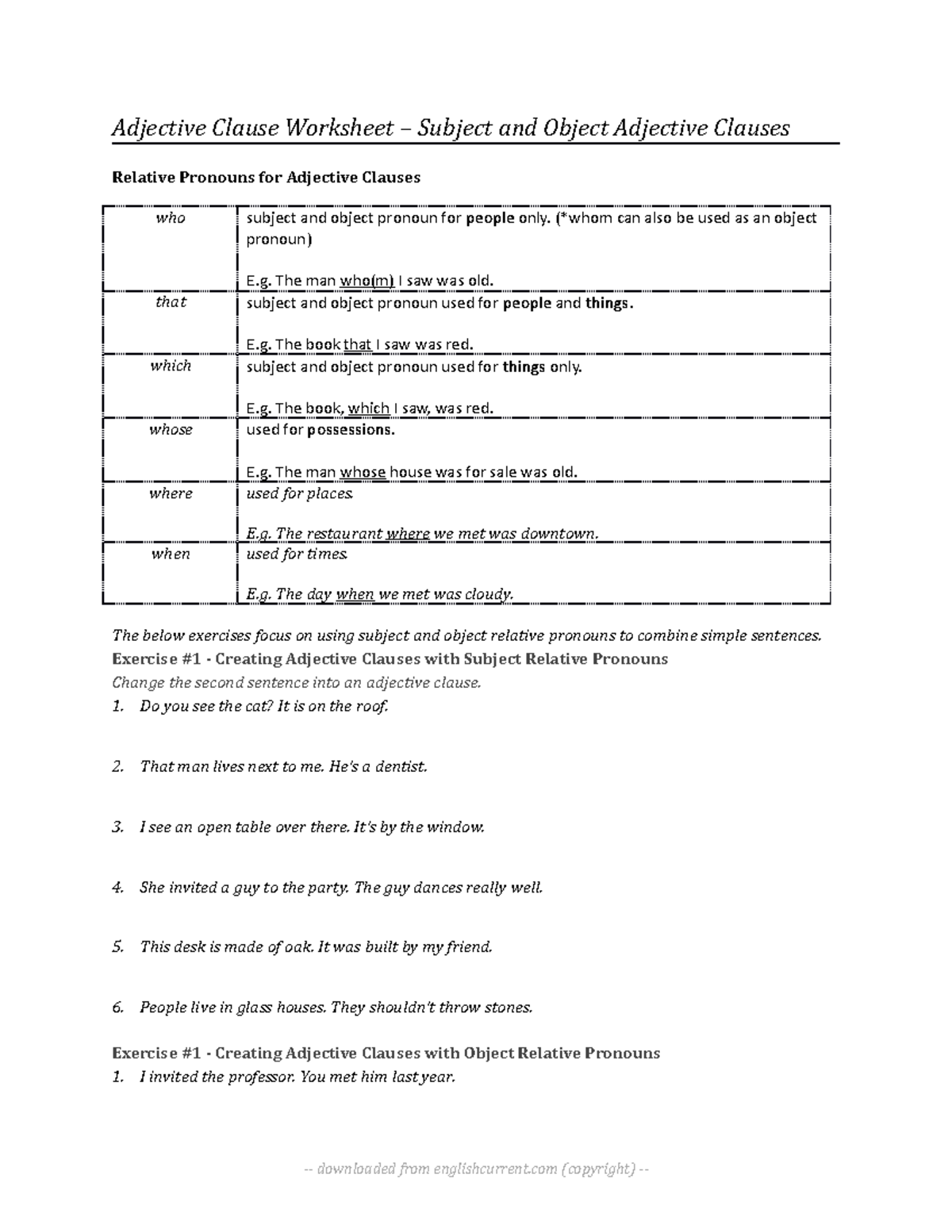 Adjective-clause-worksheet-esl - Adjective Clause Worksheet – Subject ...