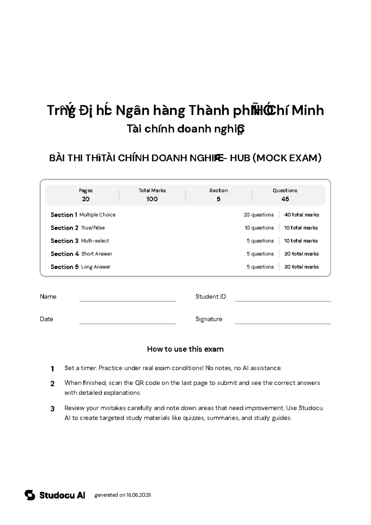 BÀI THI THỬ TÀI CHÍNH DOANH NGHIỆP - HUB (MOCK EXAM) - Studocu