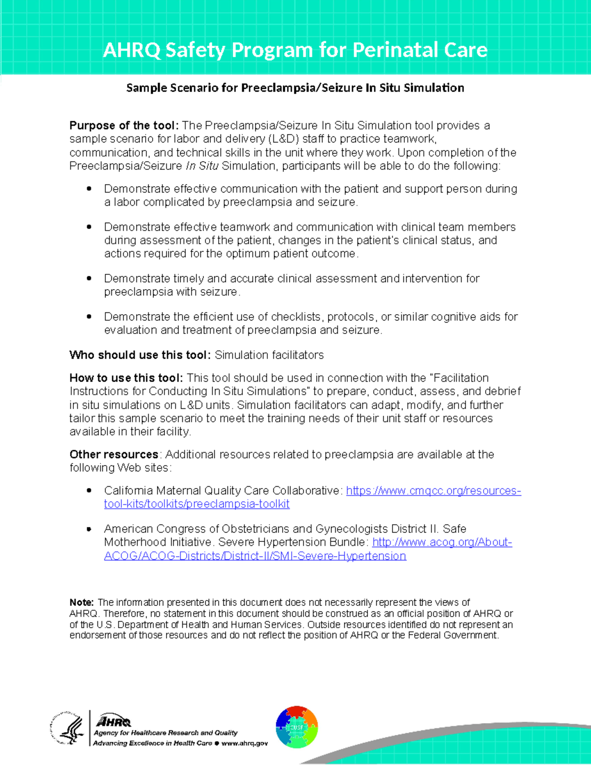 **AHRQ Final Exam: Preeclampsia & Seizure In Situ Simulation Scenario ...