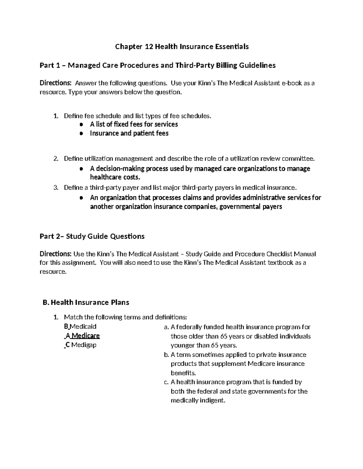 Chapter 12 Study Guide: Health Insurance Essentials & Managed Care (MA ...
